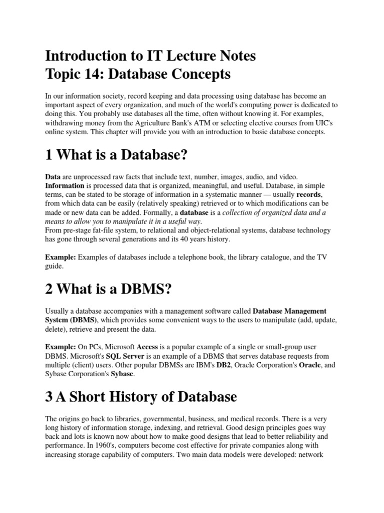 Introduction To It Lecture Notes Topic 14 Database Concepts Pdf Databases Sql