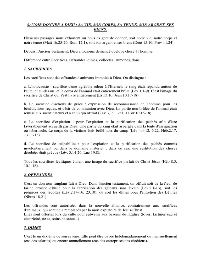 Savoir Donner à Dieu selon la Bible | PDF | Sacrifice | Église catholique