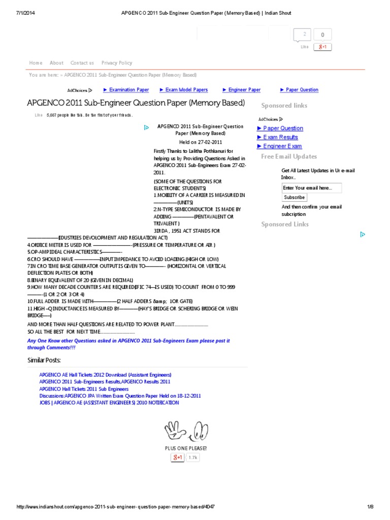 APGENCO 2011 Sub-Engineer Question Paper (Memory Based) - Indian Shout | PDF | Amplifier | Power ...