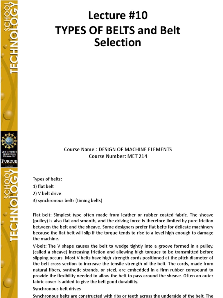 Lecture #10 Types of Belts and Belt Selection: Course Name: Design of ...