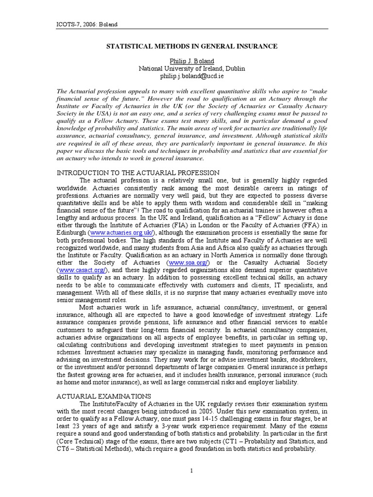 Statistical Methods for General Insurance | PDF | Actuary | Statistics
