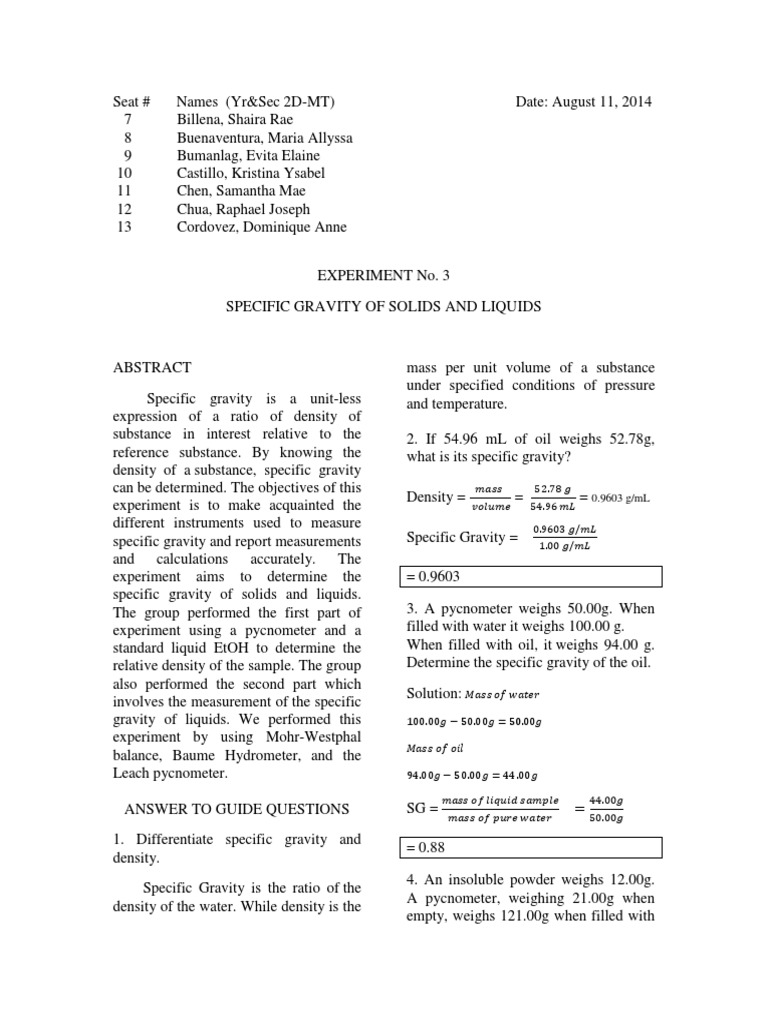 Specific Gravity of Solids and Liquids | PDF | Science & Mathematics
