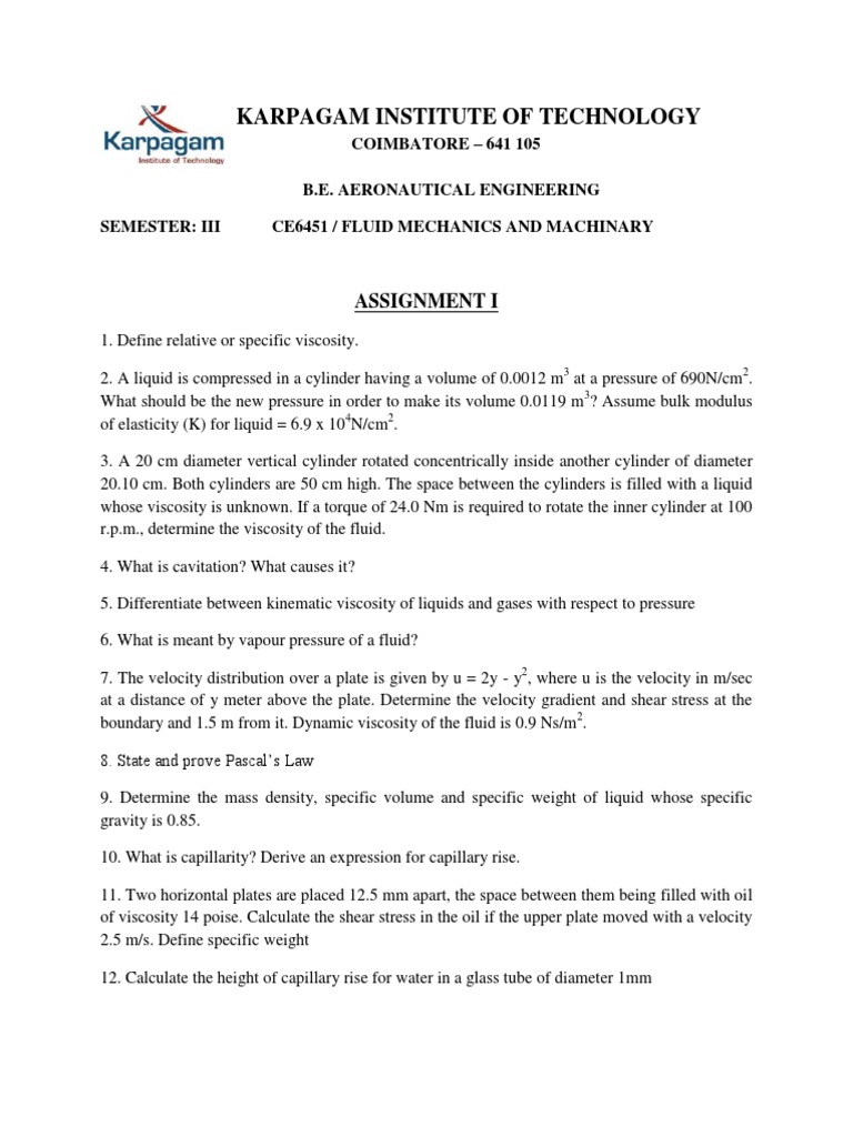 Assignment 1 - Unit 1 | PDF | Viscosity | Liquids