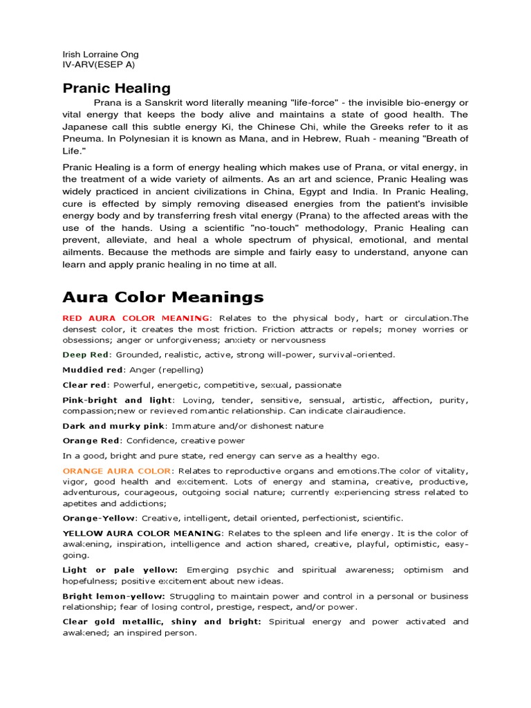 Aura Color Meanings: Pranic Healing | PDF | Prana | Aura (Paranormal)