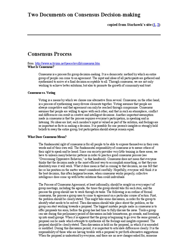 Two Documents On Consensus Decision-Making: Copied From Starhawk's Site (,) | PDF | Consensus ...
