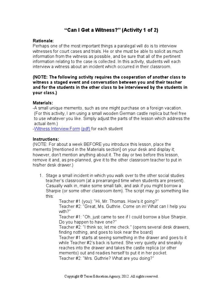 "Can I Get A Witness?" (Activity 1 of 2) : Witness Interview Form PDF | PDF