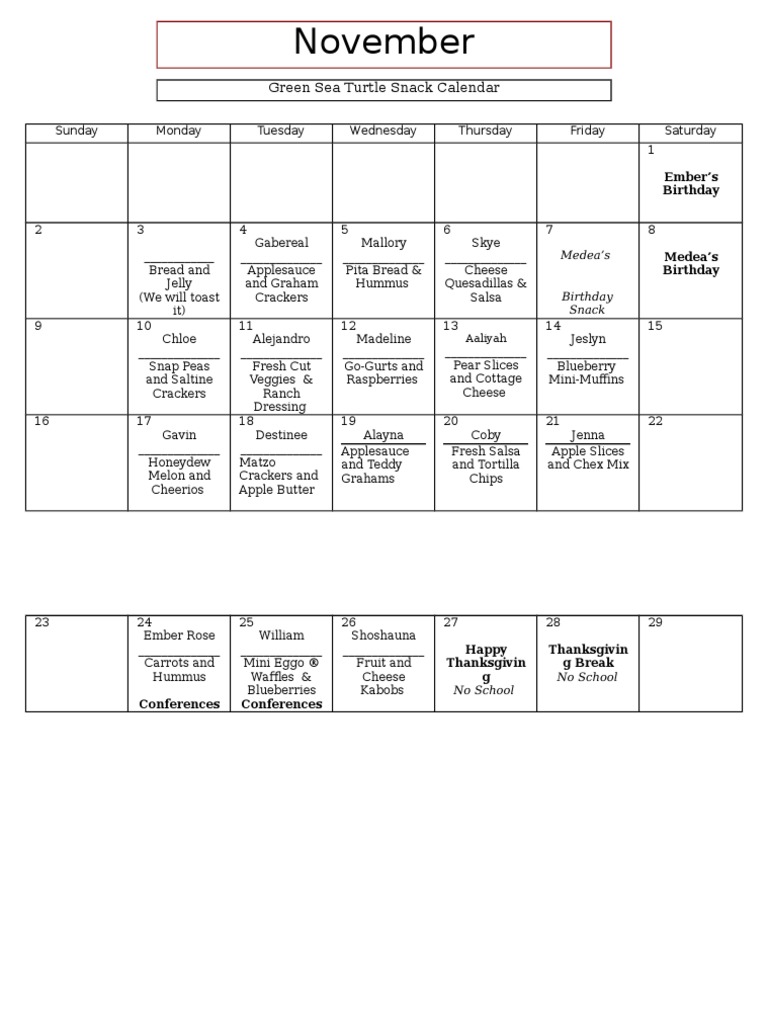 November Snack Calendar | PDF