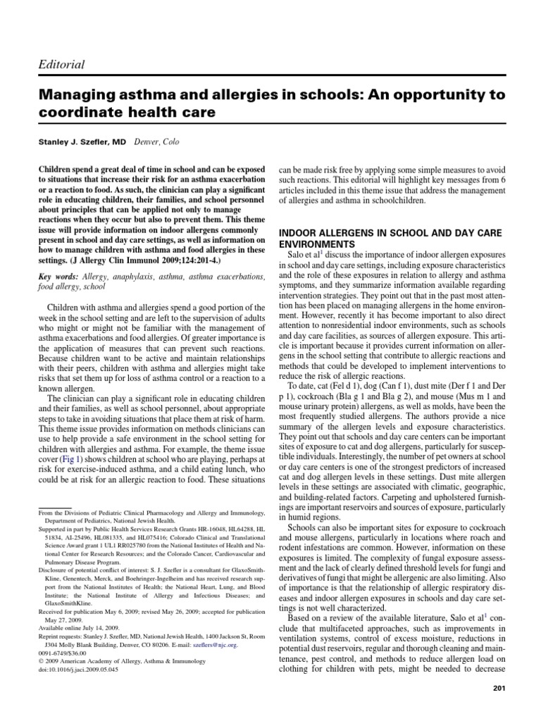 Managing Asthma and Allergies in Schools An Opportunity To Coordinate ...
