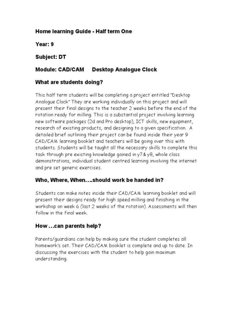 Year 9 CAD/CAM Clock Project Guide | PDF