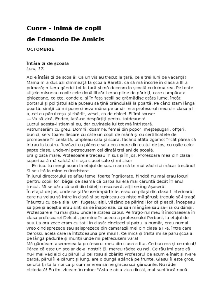 Cuore Inima de Copil de Edmondo de Amicis | PDF