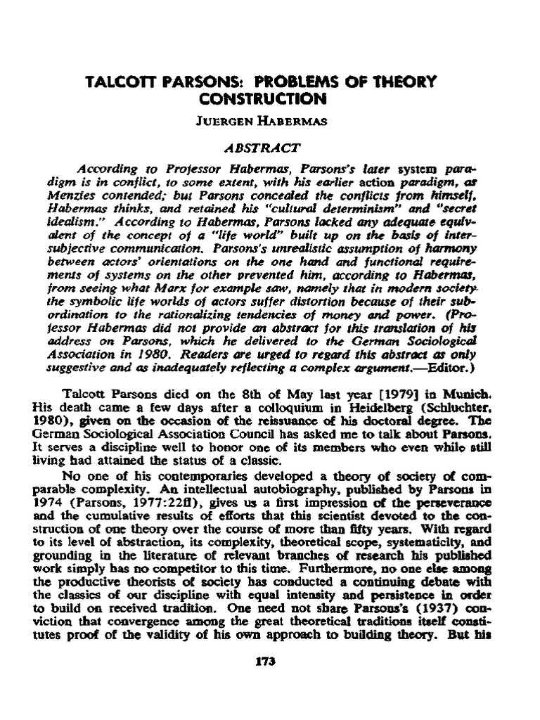 Talcon Parsons: Problems of Theory Construction: Juergen Habermas | PDF | Concept | Norm (Social)