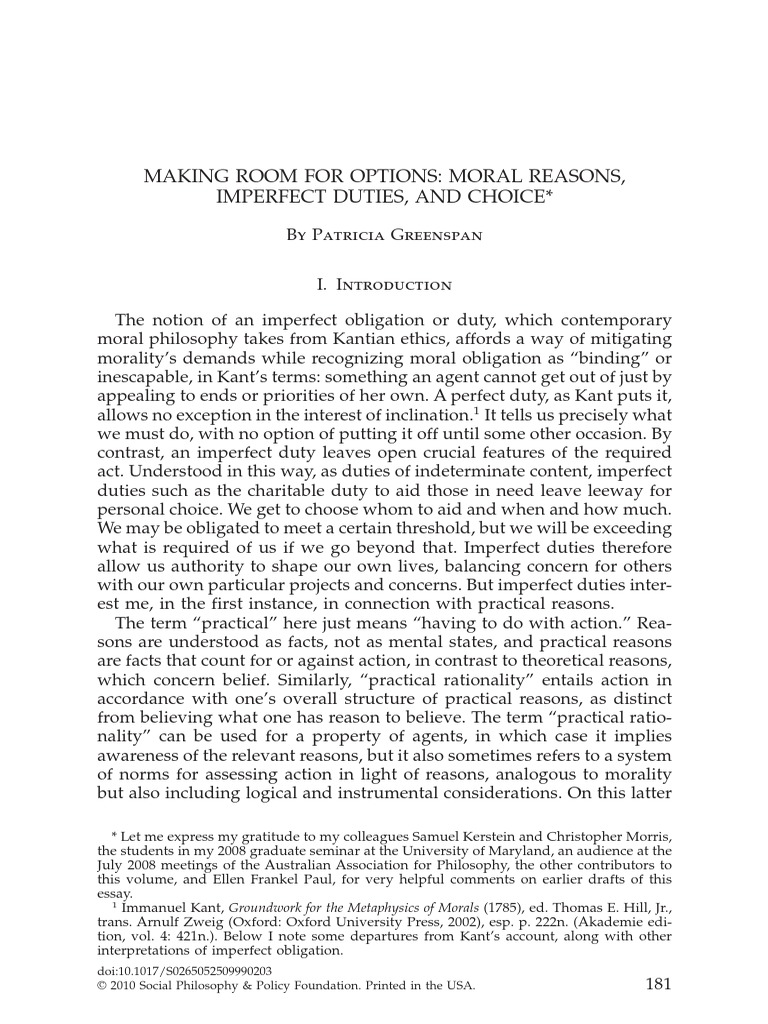 (J) Greenspan, Patricia (2010) - Imperfect Duties, and Choice. SPPF. | PDF | Reason | Immanuel Kant