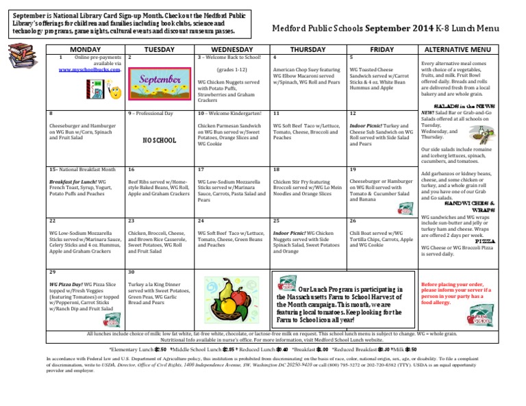 September 2014 K-8 Lunch Menu | Download Free PDF | Salad | Lunch