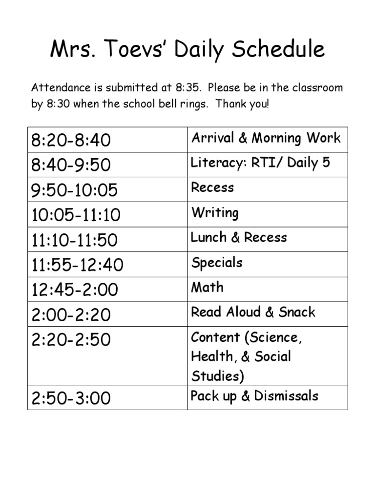 Mrs. Toevs' Daily Class Schedule | PDF