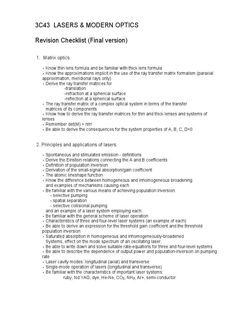 3C43 Lasers & Modern Optics Revision Checklist (Final Version) | PDF | Laser | Nonlinear Optics