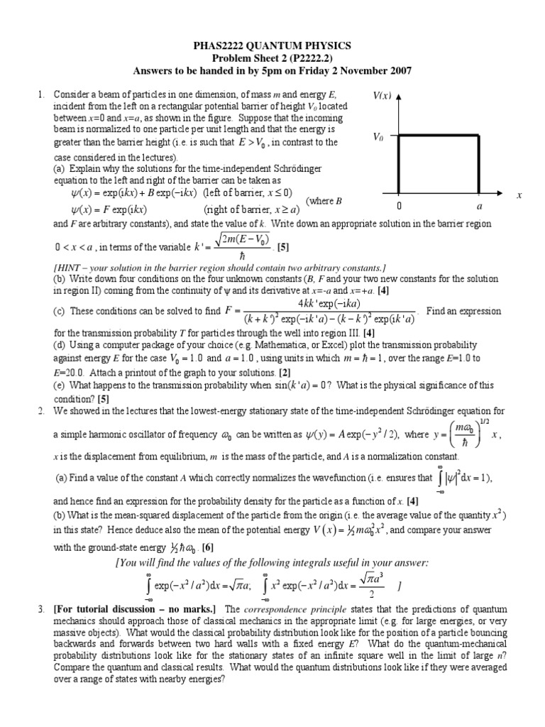 Phas2222 Quantum Physics Problem Sheet 2 (P2222.2) Answers To Be Handed ...