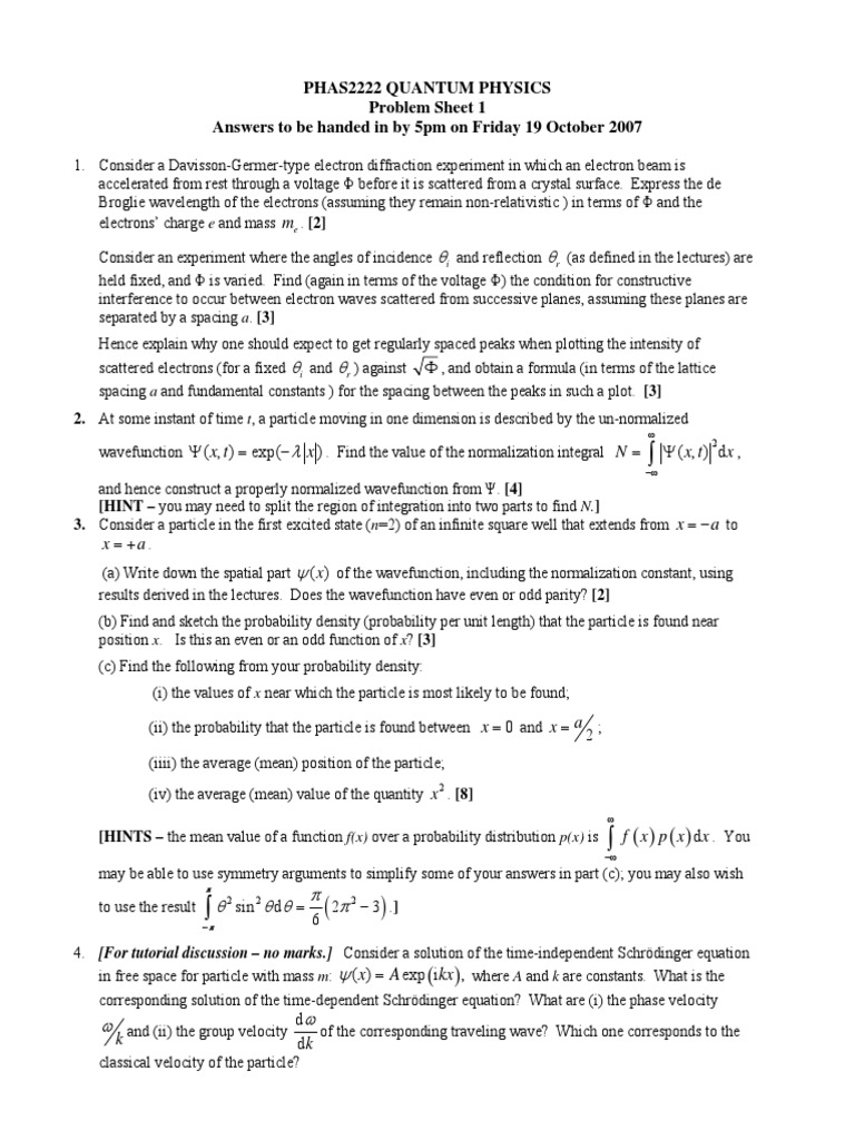 Phas2222 Quantum Physics Problem Sheet 1 Answers To Be Handed in by 5pm ...