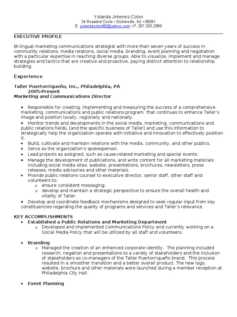 Yolanda Jimenez-Colon Resume 2009 | PDF | Public Relations | Philadelphia