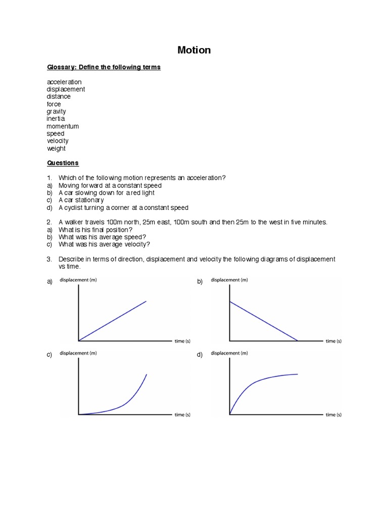 Motion Revision Work Sheet | PDF | Velocity | Acceleration