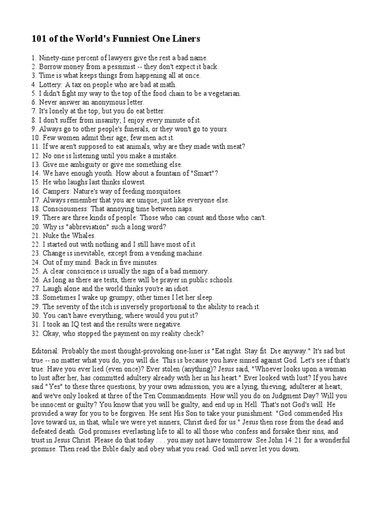101 of The Worlds Funniest Oneliners | PDF | Lust | Adultery