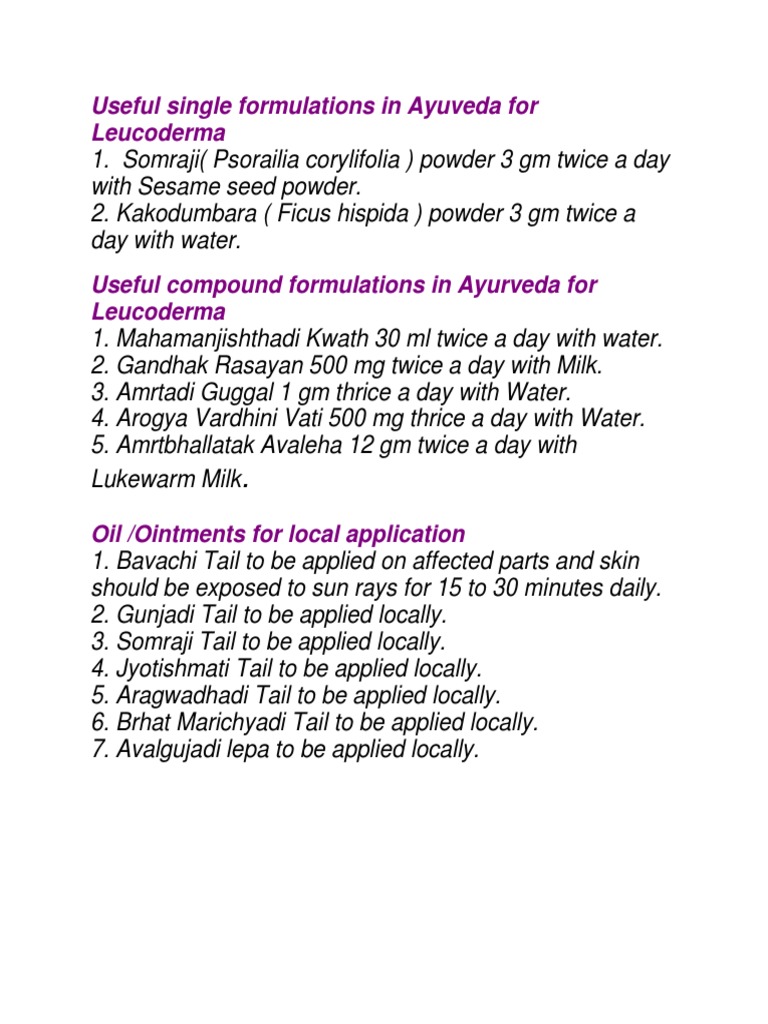 Useful Single Formulations in Ayuveda For Leucoderma | PDF | Cooking ...