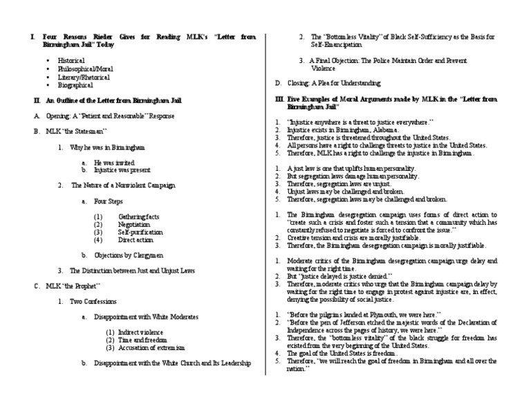 An Outline of MLK Letter From Birmingham Jail | PDF | Martin Luther ...
