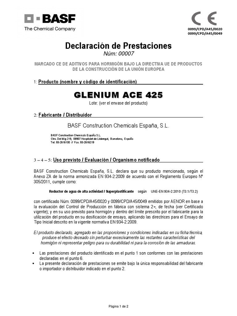 Glenium Ace 425 Dop | PDF | Química | Sustancias químicas
