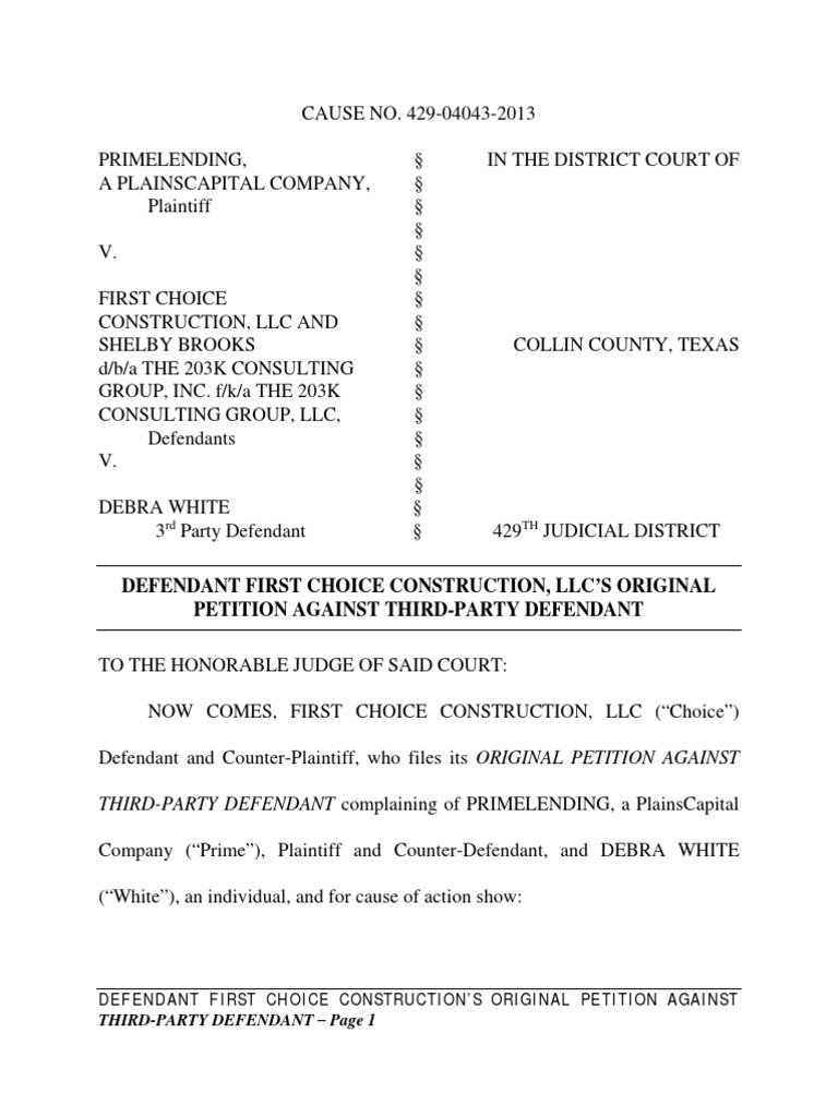 Defendant First Choice Construction, Llc’S Original Petition Against ...