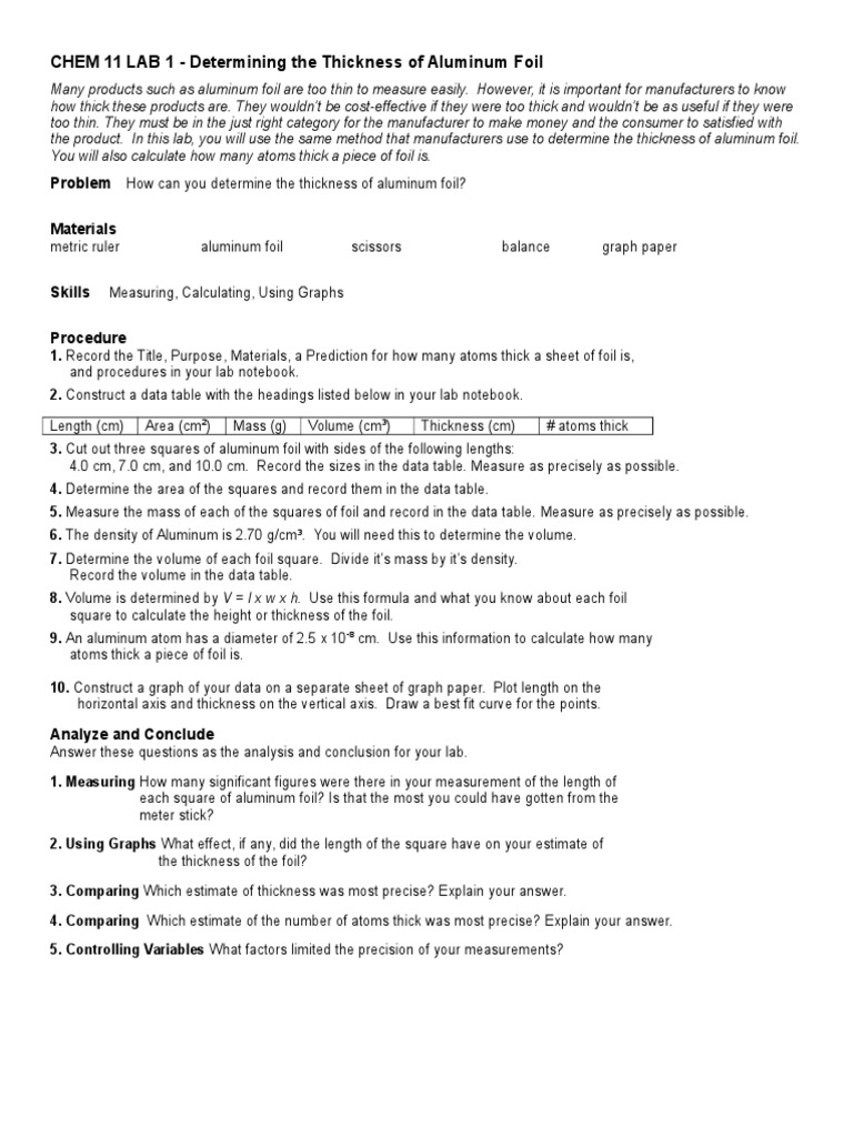 Chem 11 - Lab 1 - How Thick Is Aluminum Foil | PDF | Aluminium Foil ...