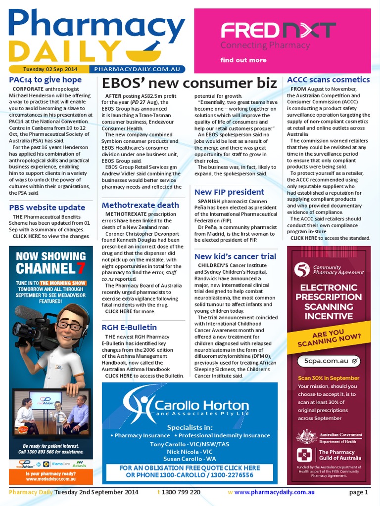 Pharmacy Daily For Tue 02 Sep 2014 - EBOS' New Consumer Biz, Heart Drug ...