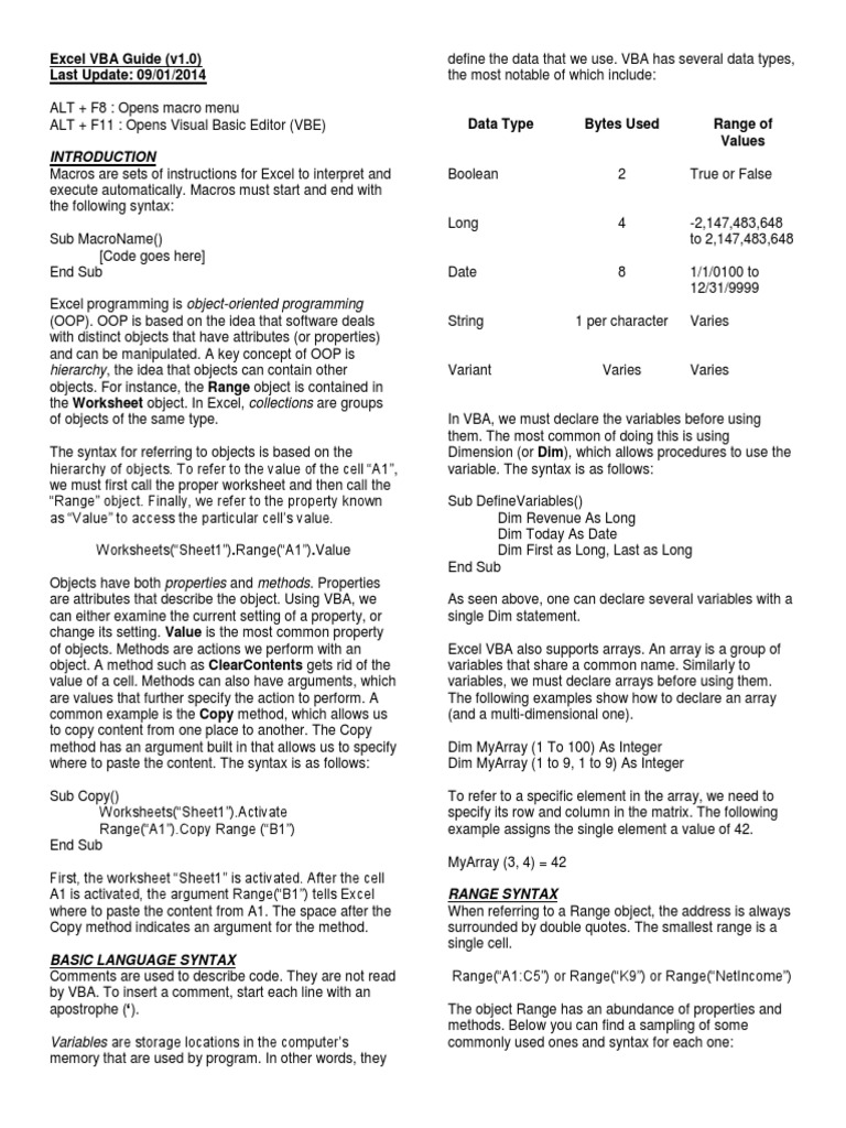 Excel VBA Guide (v1.0) Last Update: 09/01/2014: Hierarchy, The Idea That Objects Can Contain ...