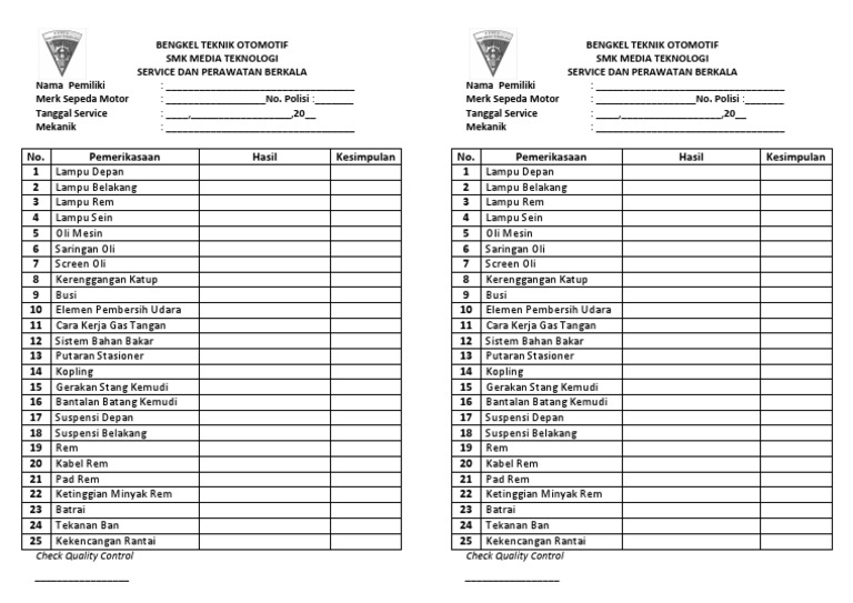 Formulir Servis Motor Berkala | PDF