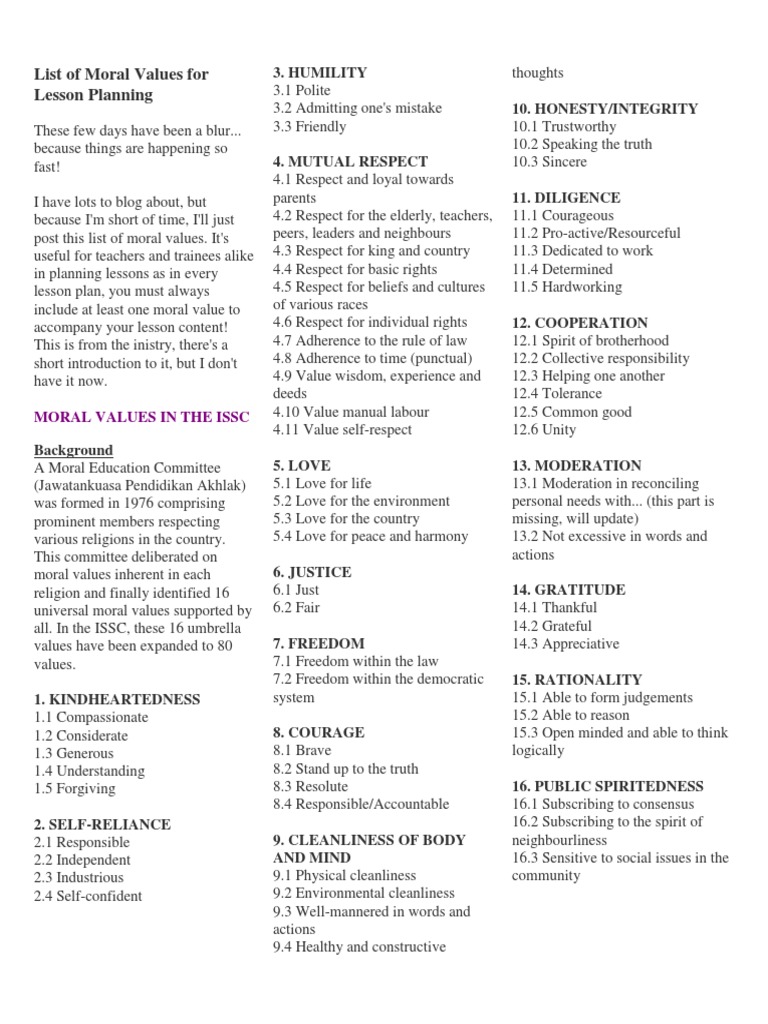 List of Moral Values For Lesson Planning | PDF