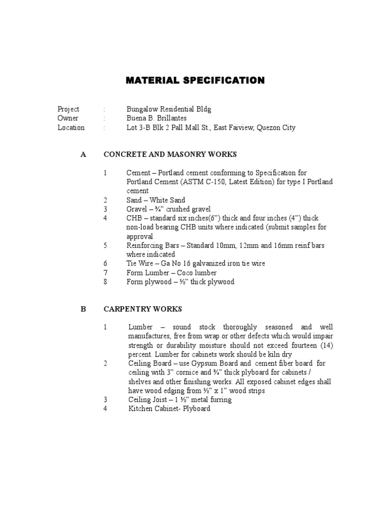 Material Specification: A Concrete and Masonry Works | PDF ...