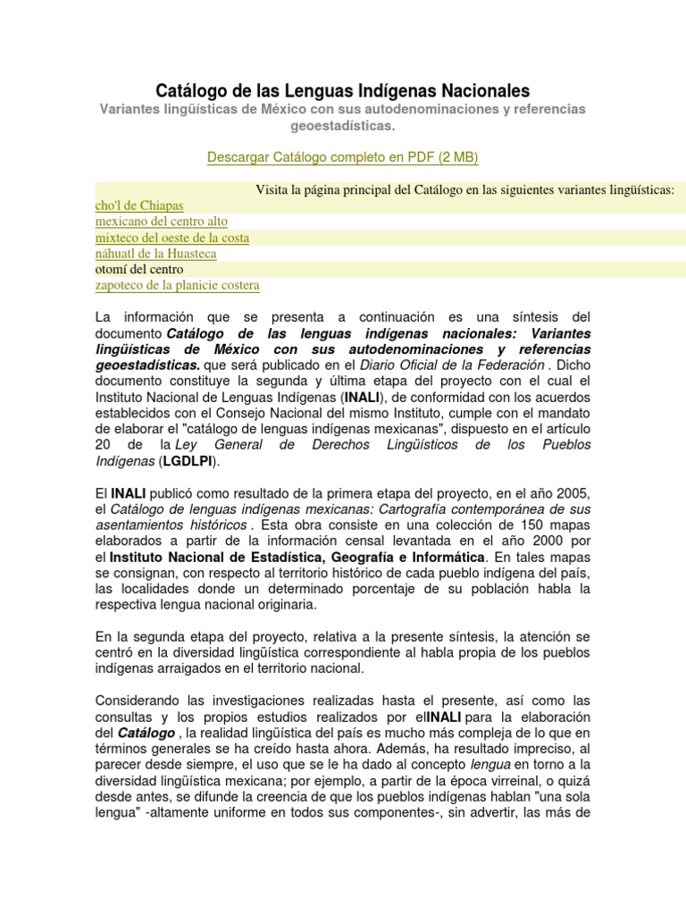 Catálogo de Las Lenguas Indígenas Nacionales | PDF | Pueblos Indígenas ...