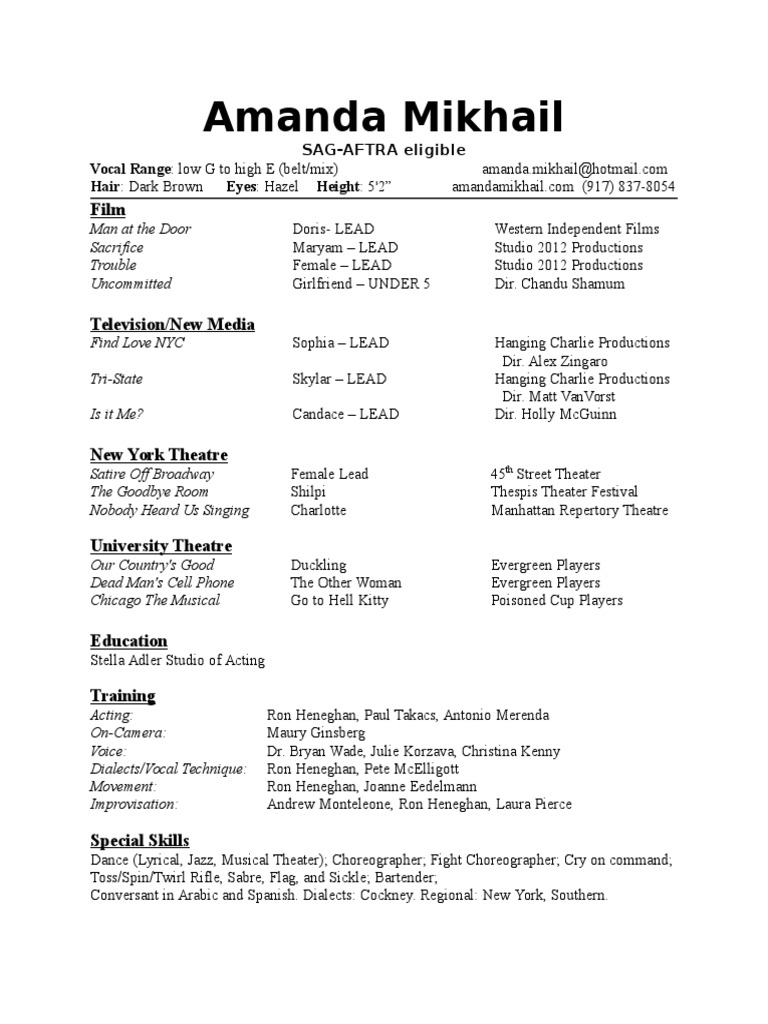Amanda Mikhail: SAG-AFTRA Eligible Vocal Range: Low G To High E (Belt ...