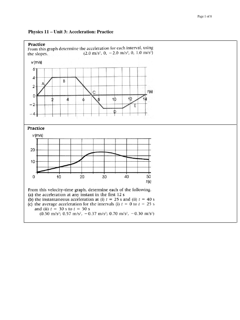 Unit 3 - Motion in 1 - D II Practice | PDF | Acceleration | Velocity