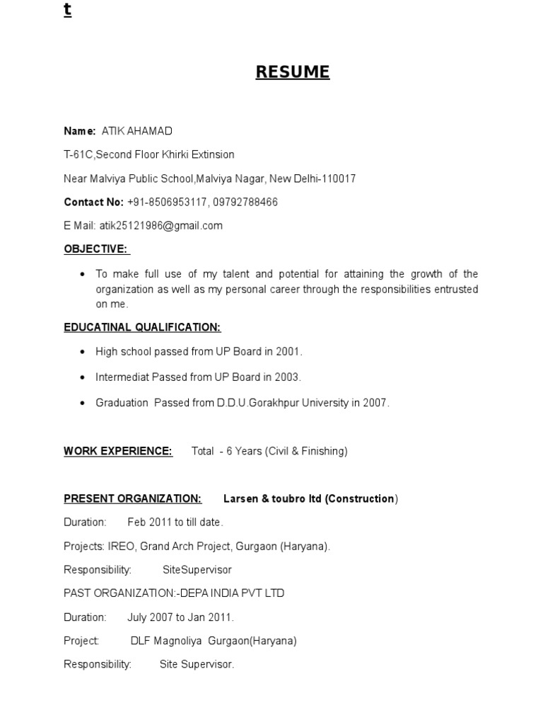 Atik Ahamad: Civil Supervisor Resume | PDF | Career & Growth