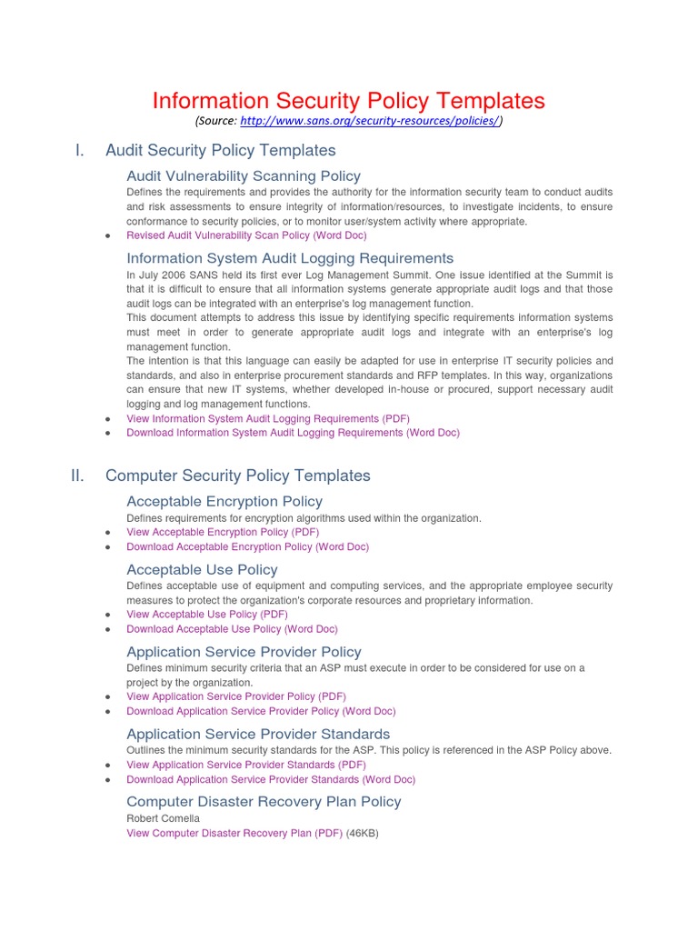 Information Security Policy Templates | PDF | Health Insurance ...