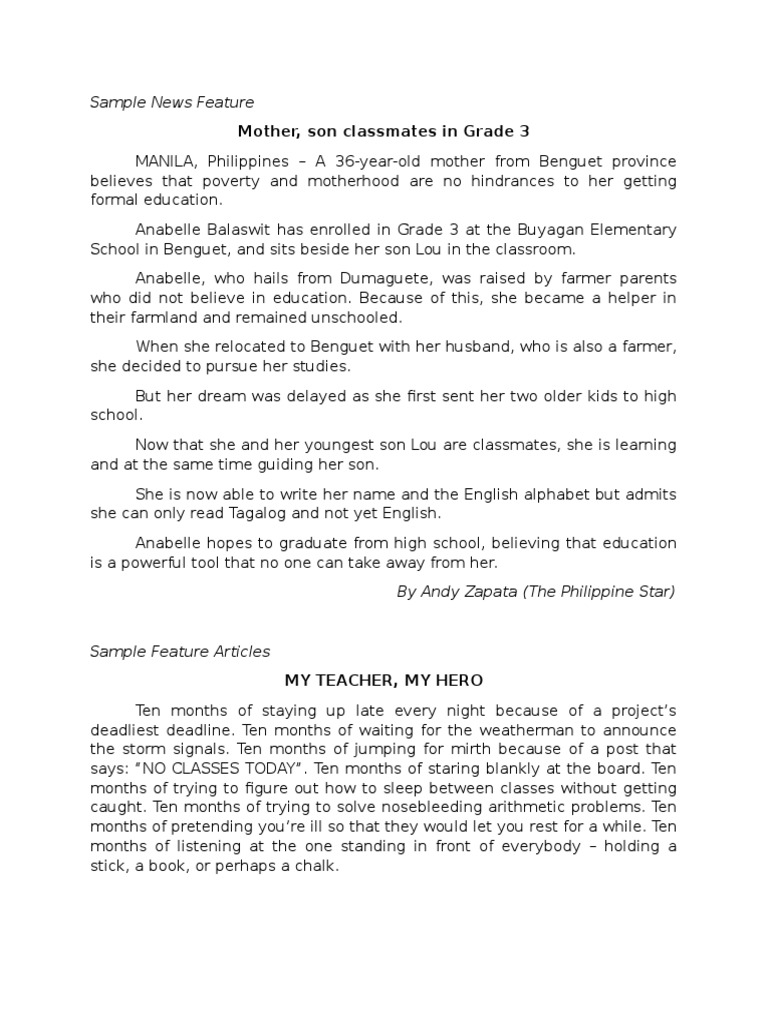 Sample News Feature: Mother, Son Classmates in Grade 3 | Download Free ...