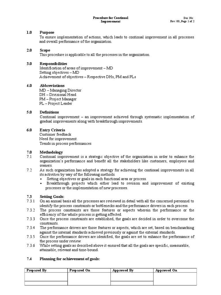 Procedure For Continual Improvement | PDF | Accountability | Leadership