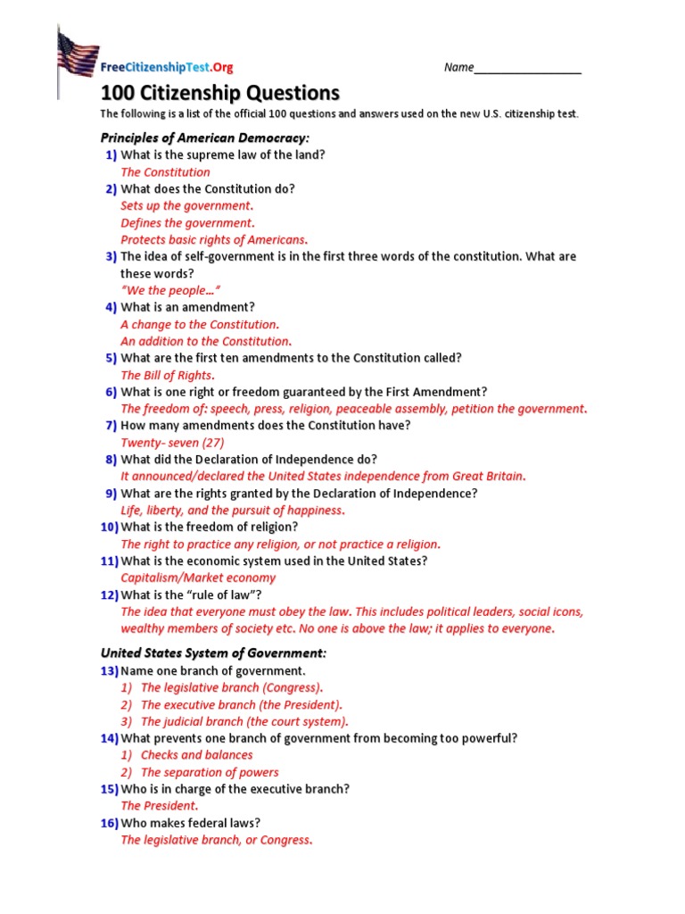 100 Civics Questions for Citizenship Test | PDF