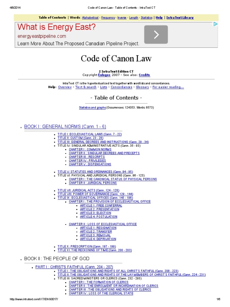 Code of Canon Law - Table of Contents - IntraText CT | PDF | Synod ...