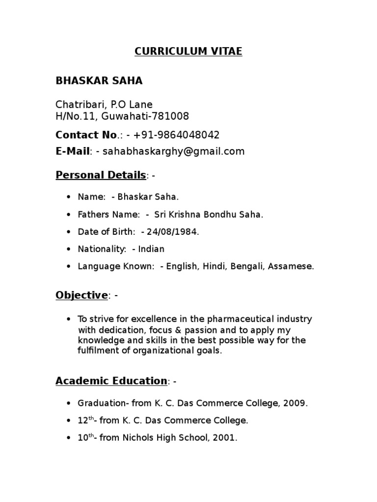 Bhaskar Saha - Pharma CV Guwahati | PDF