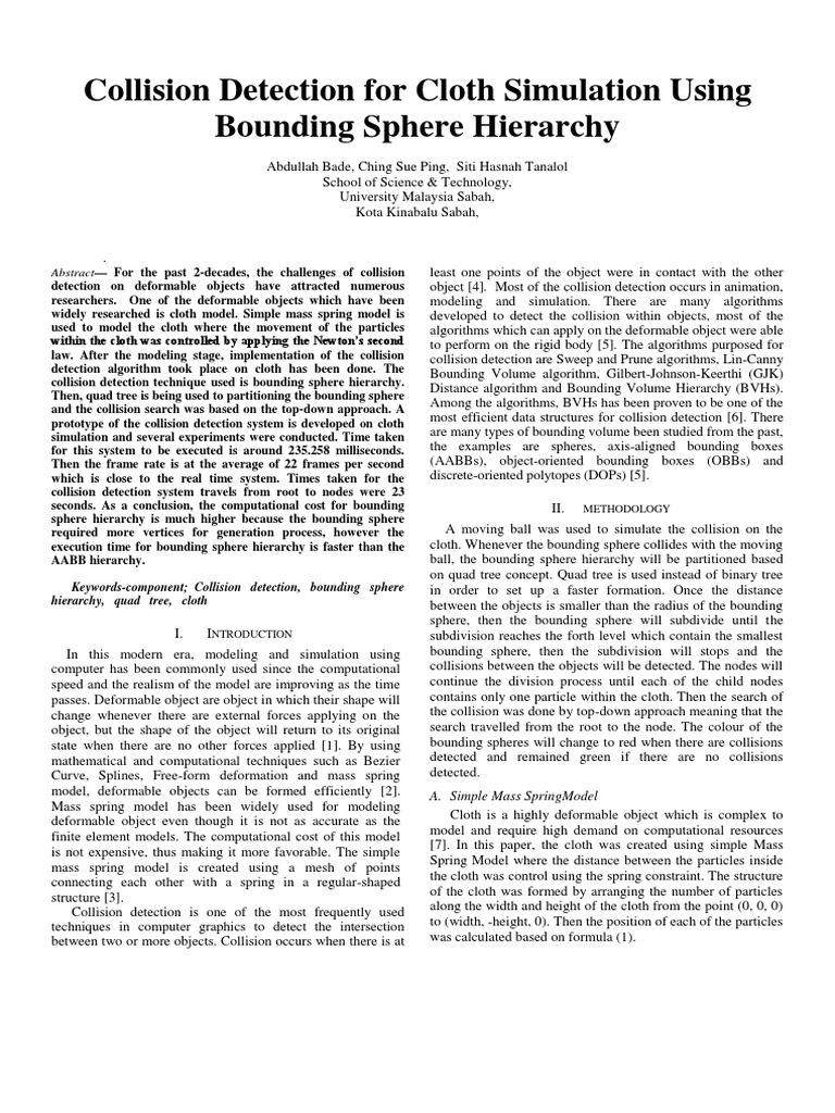 Collision Detection For Cloth Simulation Using Bounding Sphere Hierarchy Pdf Areas Of