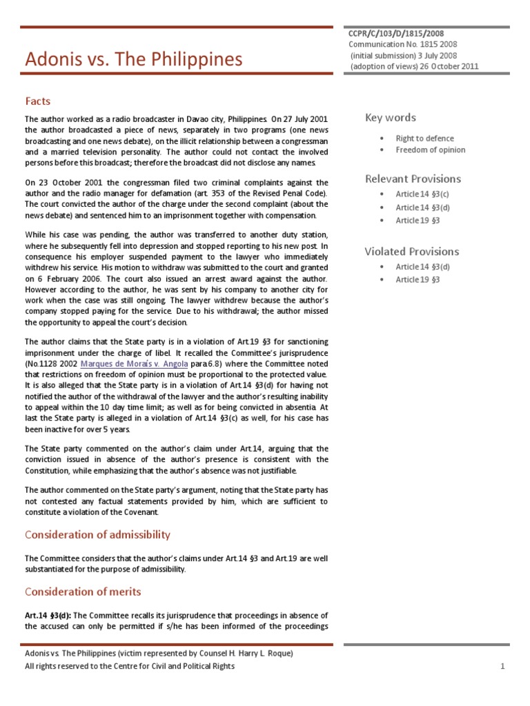 1815 2008 Adonis v. The Philippines v21 | PDF | Defamation | Virtue