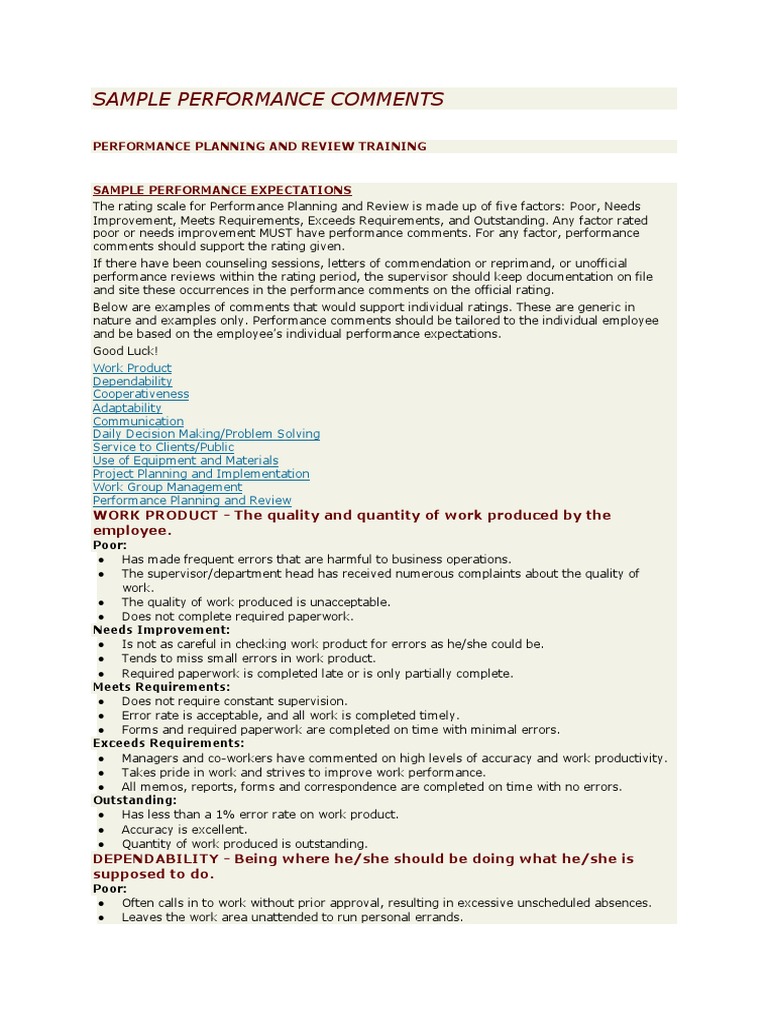 Sample PE Comments | PDF | Performance Appraisal | Decision Making