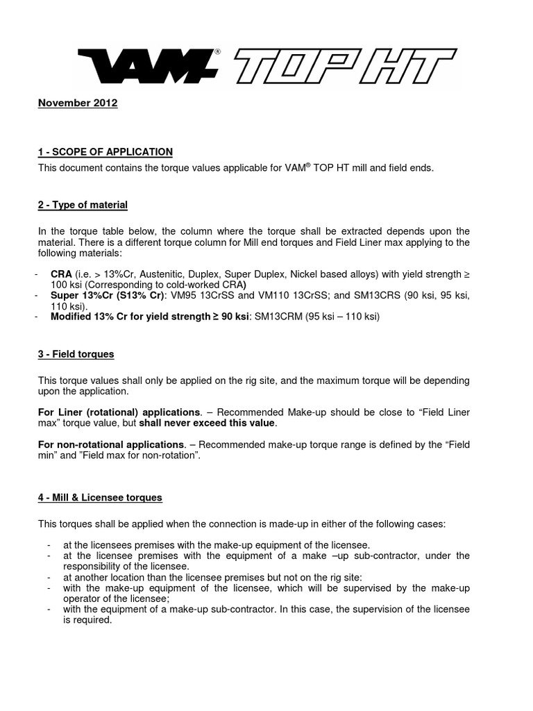 VAM TOP HT Torque Table | PDF | Torque | Strength Of Materials