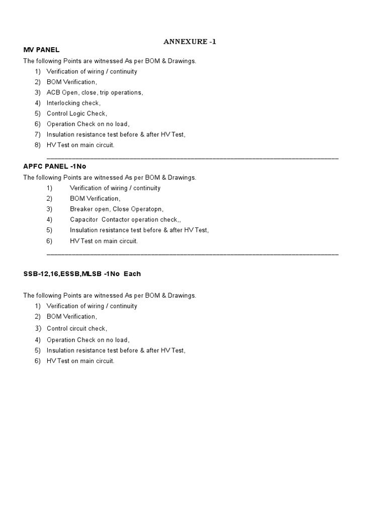 MV and APFC Panel Testing Checklist | PDF