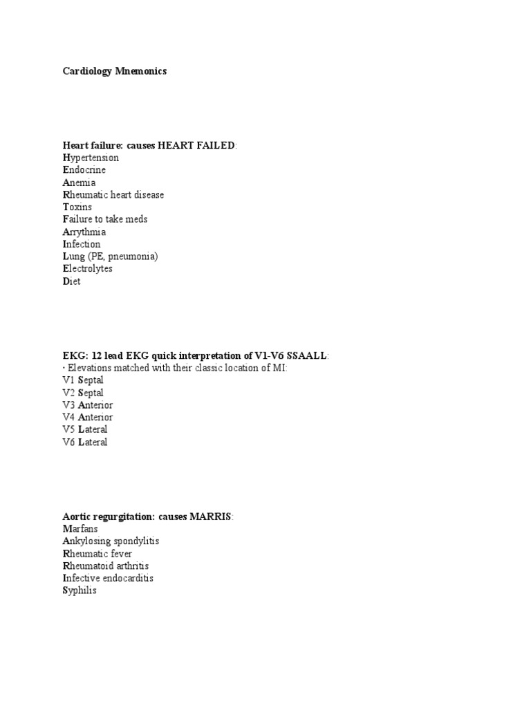 Cardiology Mnemonics | PDF | Heart | Heart Failure